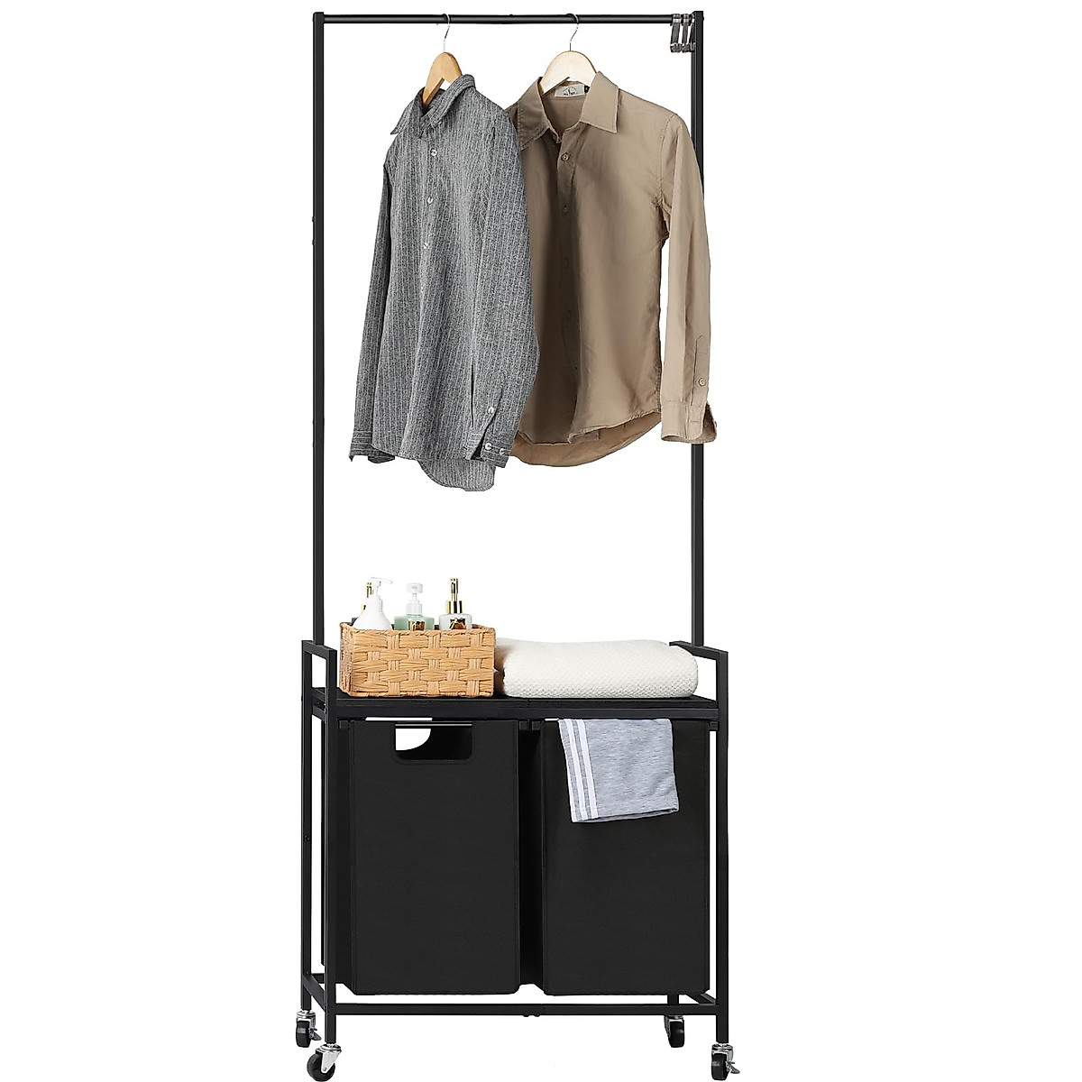 Laundry Hamper with Shelf Grey Laundry Sorter with Wheels 2 Section Laundry Hamper Cart with Hanging Rack 6 Hooks for Laundry Room Bathroom Bedroom, Rustic Grey