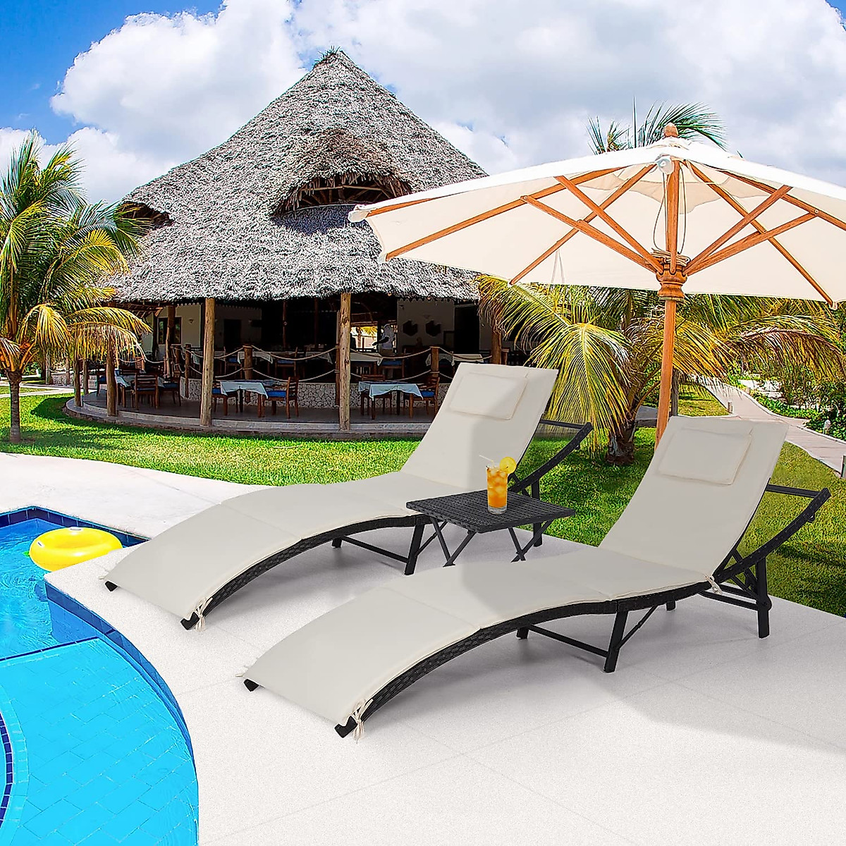 PayLessHere Patio Chaise Lounge Set of 3 Adjustable Back Outdoor Lounge Chair Folding Wicker Recliner Chair 2 Pieces Outside Chairs with Folding Table and Khaki Cushioned for Poolside Deck Lawn Beach