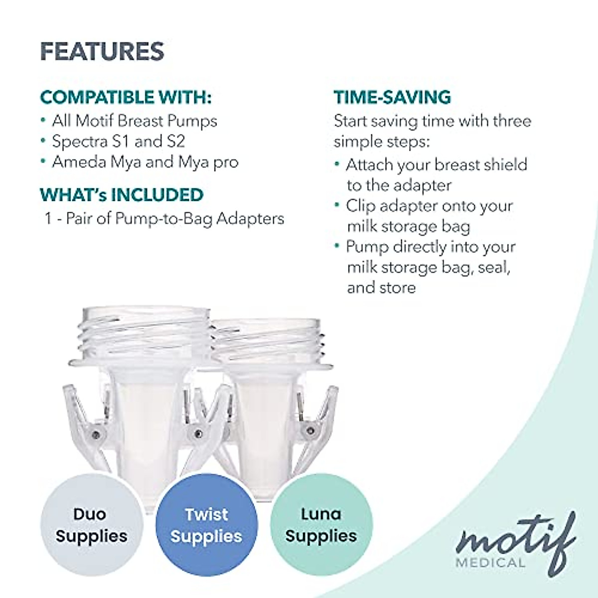 Motif Medical, Pump-to-Bag Adapters, Compatible with All Motif Breast Pumps