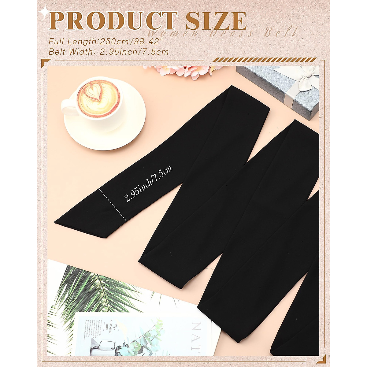 Glitopper Women Chiffon Sash Belt Dress Sash Waist Bridal Wedding Belt 50s Belt Accessories 3'' Wide(Solid Black, Classic Style)