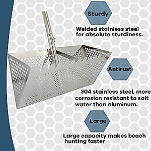 Sand Fleas Rake, Stainless Steel Sand Sifter, Detachable 47 Inches Long Handle, Collapsible Shark Tooth Sifter for Beach,Sand Crab Catcher with Foldable Pail .