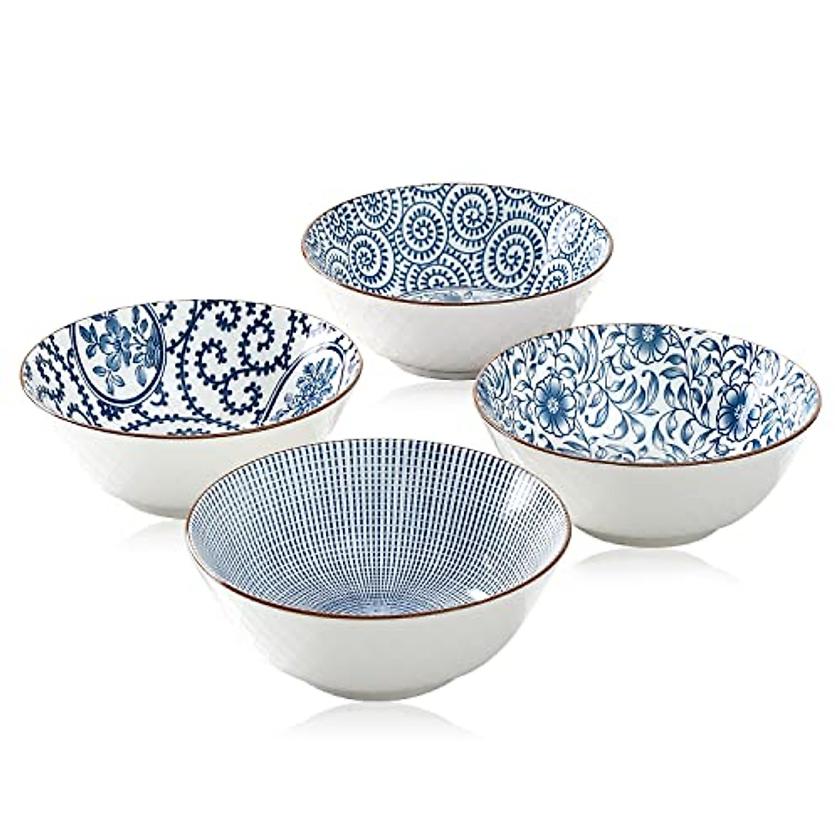 YALONG 8 Inch 40 Ounce Ceramic Bowls for Kitchen Deep Soup Pho Bowls, Blue White Large Porcelain Salad Bowls Set for Ramen Pasta Cereal Dessert Stackable Deep Noodle Serving Bowls Set of 4 for Gift