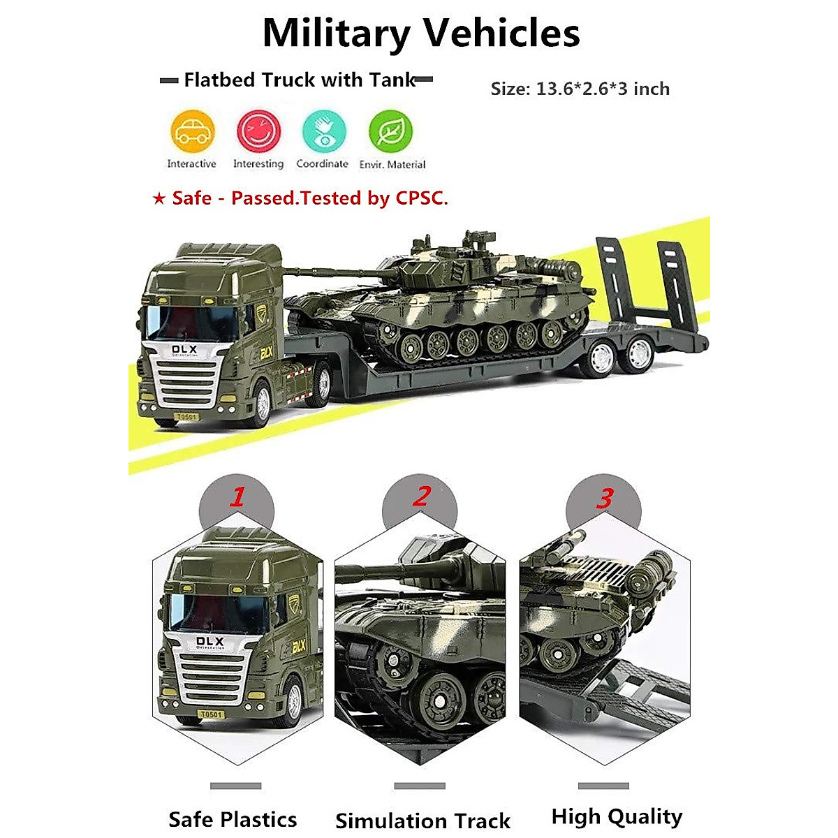 ZUKULIFE Military Vehicles and Army Battle Site Toys Flatbed Truck with Tank, Gift for 3 4 5 6 Year Olds Boys Kid Toddler Child