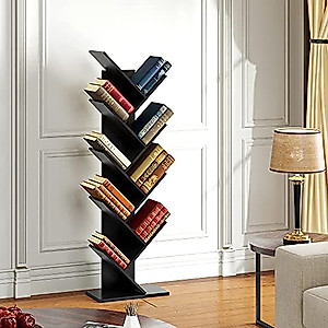 HOMEFORT 9-Shelf Bookshelf,Geometric Tree Bookcase,Wood Bookshelves Storage Rack, MDF Tree Shelf Display Organizer for Books,Magazines,CDs and Photo Album Holds Up to 5kgs Per Shelf (Black)