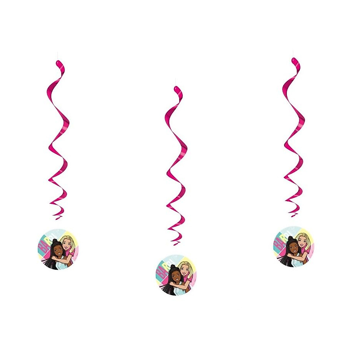 Barbie Birthday Party Supplies Bundle includes 1 Happy Birthday Banner, 3 Hanging Swirl Decorations, 1 Dinosaur Sticker Sheet