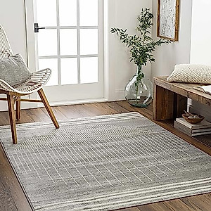 Hauteloom Angus Contemporary Bedroom Living Room Farmhouse Area Rug - Art Deco Boho Carpet - Mid Century Round Southwestern - Native American - Light Grey, Dark Gray, Beige - 5'3" x 7'1"