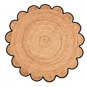 4x4, 5x5, 6x6, Natural Jute Scallop Round Rug, Floor Black Scalloped Edge Rug Braided Boho Eco Large Circular Handmade Area Rugs (5x5 FT)