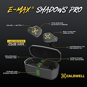 Caldwell E-MAX Shadows Pro - Electronic Hearing Protection with Ambient Sound Amplification, Bluetooth, Rechargeable Case for Shooting, Range