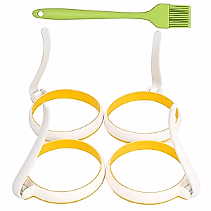 Silicone Egg Rings Pancake Molds, Nonstick 4 Inch Crumpet Rings Shaper Round Egg Molds with Silicone Pastry Brush for Frying Eggs English Muffin Breakfast Sandwich Burger