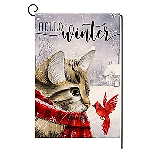 Winter Cat Garden Flag 12x18 Vertical Double Sided Cardinal Bird Snow Christmas Holiday Outside Decorations Burlap Yard Flag BW230