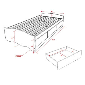 Prepac Mate's Twin 3-Drawer Minimalist Platform Storage Bed, Contemporary Twin Bed with Drawers 76.5" D x 41" W x 18.75" H, White, WBT-4100-2K