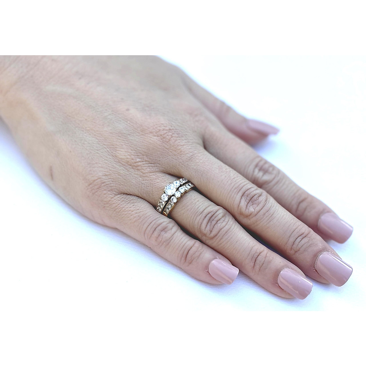 Lanyjewelry 1.35ct CZ Gold IP Stainless Steel WOMENS WEDDING/ENGAGEMENT RING SET- Size 10