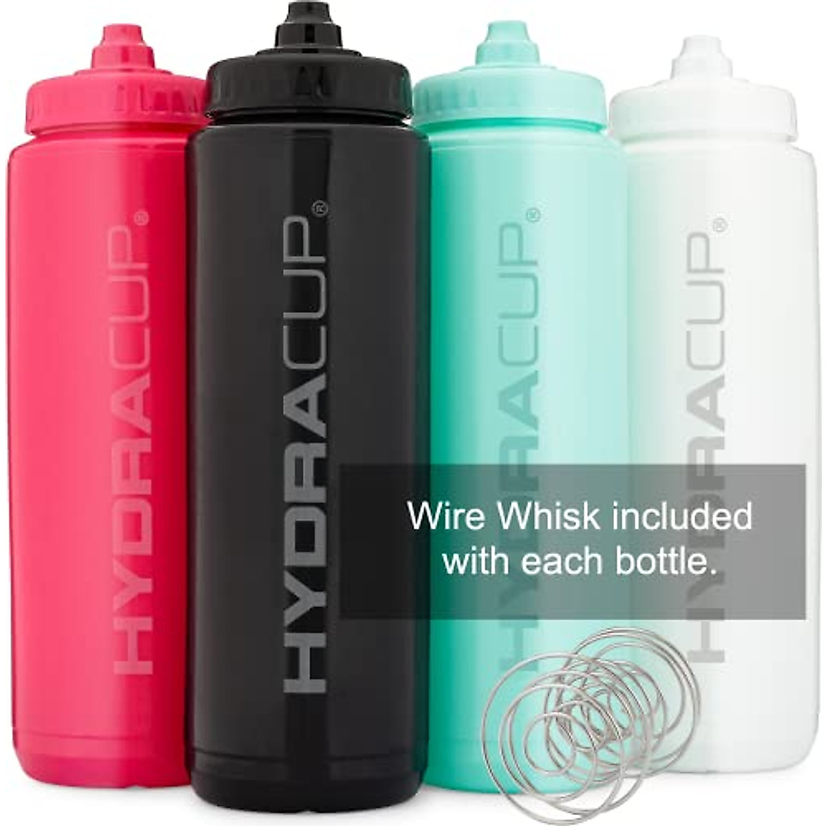 Hydra Cup - 4 PACK - 32oz Squeeze Water Bottles Bulk Set, BPA FREE, For Sports, Cycling, Bike, Quick Squirt Hydration, Shaker Cup Wire Whisk Included