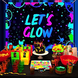 Glow Neon Birthday Backdrop - Glow in The Dark Let’s Glow Banner Backdrop Black Light Themed Party Photography Background Splatter Paint Photo Booth Backdrop, 5.9x3.9ft