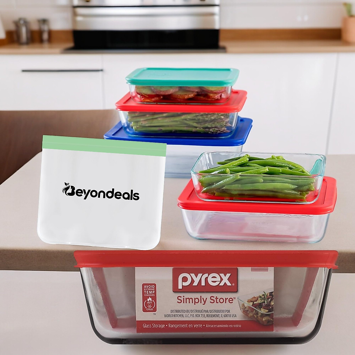 Beyondeals Simply Store 6-Cup Rectangular Glass Food Storage Dish,13.5oz, Bundle Reusable Food Storage Bag - Durable, Leakproof Lids, Kitchen Organization,glass storage dishes [Pack of 3]