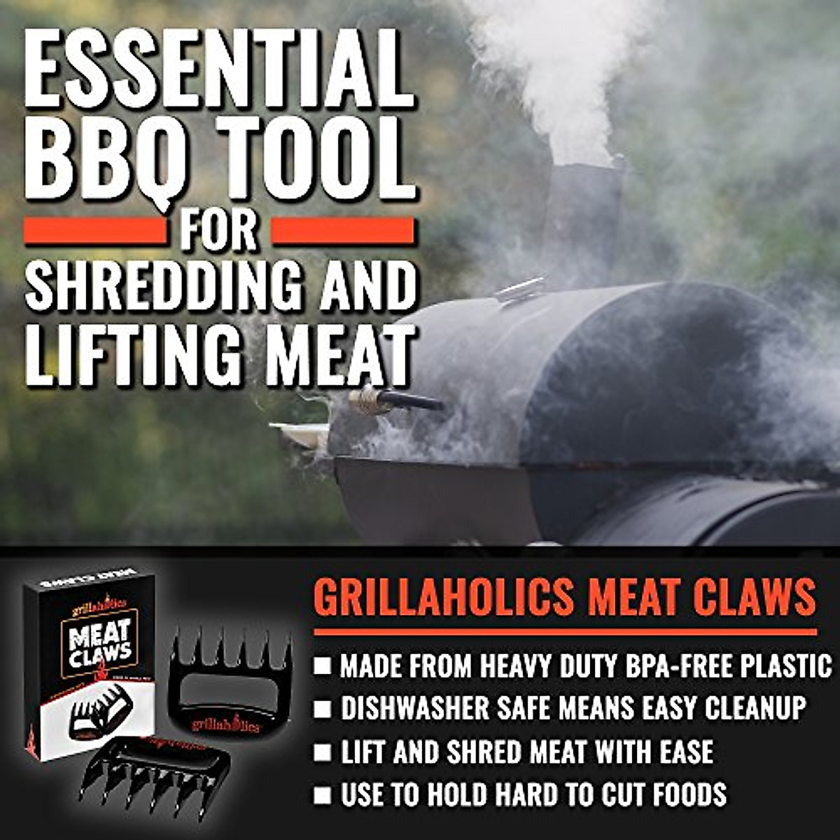 Grillaholics BBQ Meat Shredder Claws - Wolverine Style Ultra-Sharp Blades Quickly Lift Handle & Shred Meats - Best Dishwasher Safe Bear Claw Pulled Pork Meat Shredders in BBQ Grill Accessories (Black)