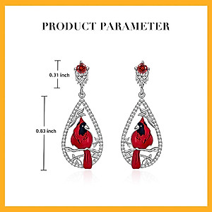 Cardinal Earrings for Women S925 Sterling Silver Teardrop Dainty Cute Dangle Drop Piercing Stud Red Fashion Hypoallergenic Crystal Ruby Animal Bird Valentine's Day Jewelry
