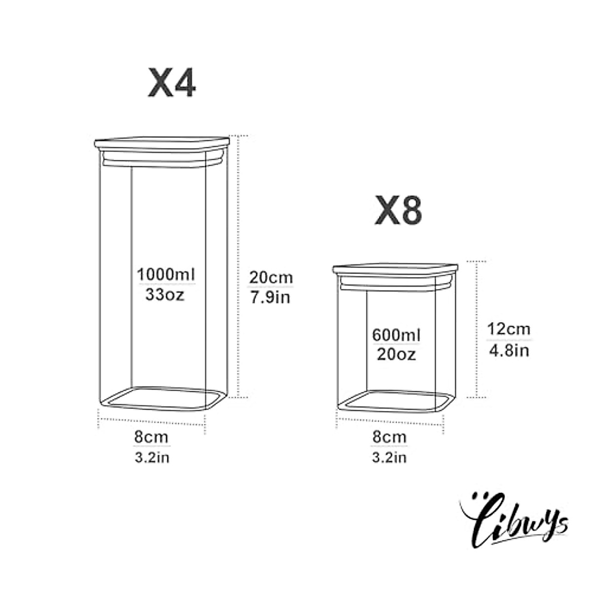 LIBWYS Square Pantry Glass Storage Jars with Bamboo Lids Set of 12, 297oz Airtight Food Containers Kitchen Storage Jars - Dishwasher Safe (12pack)