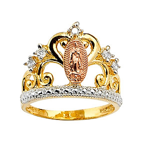 Savlano 18K Gold Plated Yellow & Rose Color Lady of Guadalupe Virgin Mary with Round Cut Cubic Zirconia Women Religious Crown Ring (8)