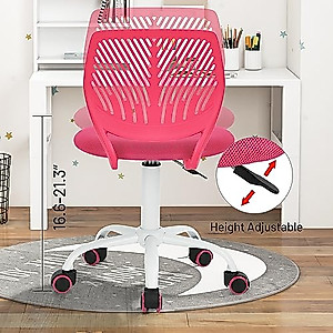 Desk Chair Armless Small Study Chairs Armless for Child Kids Teens, Ergonomic Swivel Rolling Lightweight Task Chair with Wheels and Mesh Padded Cushion, Pink