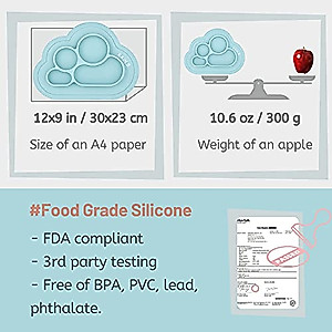 RAiN.B. CloudieMate Silicone Suction Plate with Built-in Placemat for Babies & Toddlers, Microwave Dishwasher Safe, Non-Slip Divided Plate with 4 Sections, BPA Free Food Grade Silicone /Glacier Blue