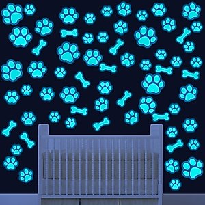 127 Pcs Dog Paw Print Stickers Glow in The Dark Wall Decals Dog Paw Print Wall Decor Dog Wall Stickers Decals Luminous Removable Vinyl Dog Paw Bone Wall Decals for Kids Nursery Bedroom (Blue Light)