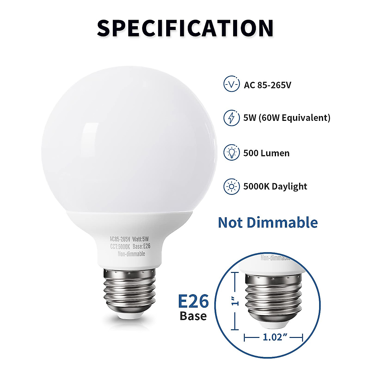 8 Pack Daylight LED Globe Light Bulbs for Bathroom, 120V 60 Watt Eqv., E26 Medium Base, Non-Dimmable Vanity Light Bulbs Round, 5000K Bright G25 LED Bulb Over Mirror