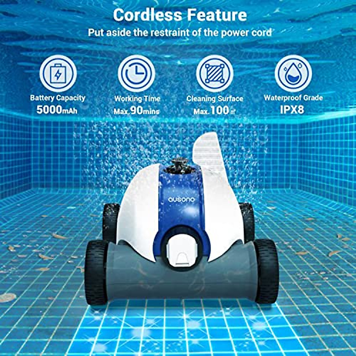 Ausono AU1103 Cordless Automatic Robotic Vacuum Cleaner for In Ground and Above Ground Pools with Adjustable Nozzles and Quiet Operation