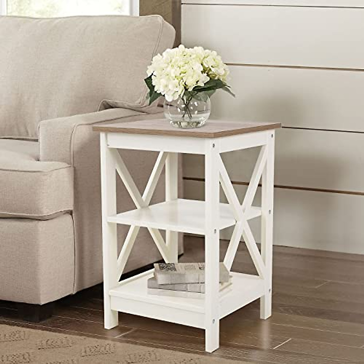 MAISON ARTS End Tables Living Room Set of 2 Farmhouse Side Tables 3-Tiers Rustic Nightstands with Storage for Bedroom, Modern Wood Look Mid Century Accent Furniture, Easy Assembly, Ivory
