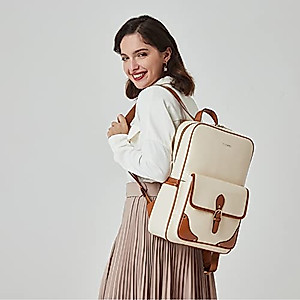 BOSTANTEN Leather Laptop Backpack for Women 15.6 inch Computer Bag Stylish College Daypack Travel Bag Off-white with Brown