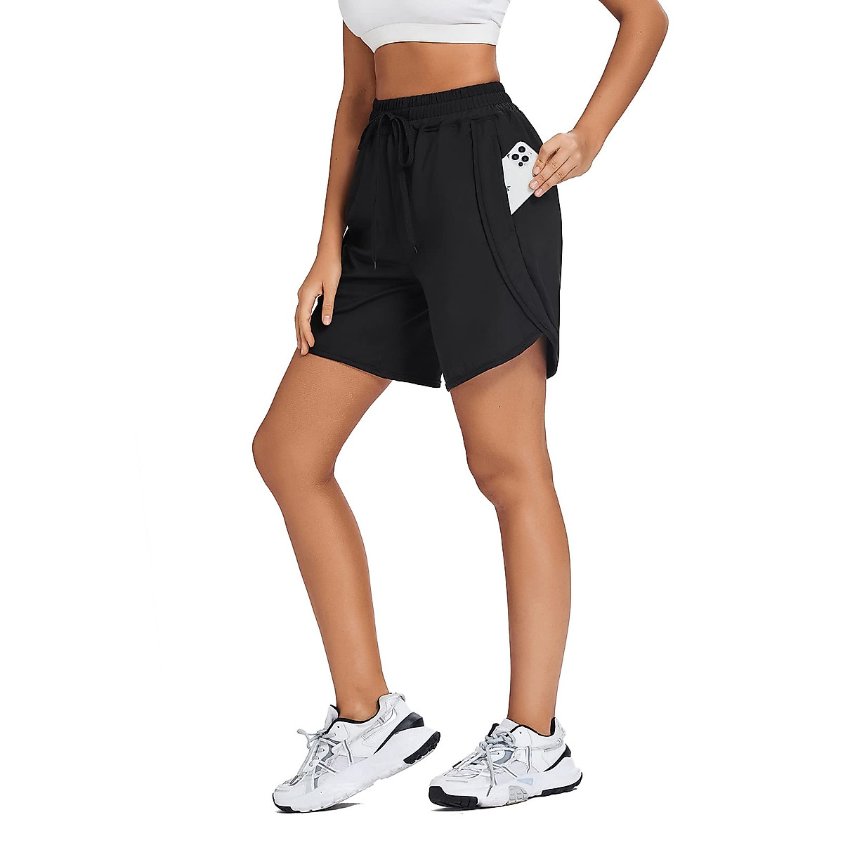 FREE DUCK Women's 7" Running Shorts Quick Dry Summer Drawstring Athletic Shorts for Women with Pockets Workout Hiking Travel Golf Active (Medium, Black)