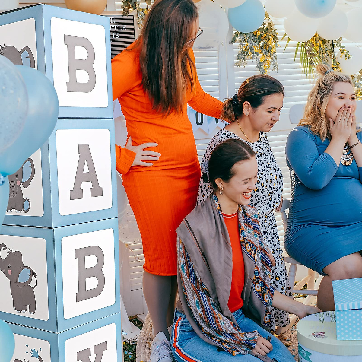 Epakh 4 Pcs Elephant Baby Boxes for Baby Shower Decoration with 4 Pcs Baby Shower Party Boxes Elephant Printed Baby Blocks for Baby Boy Shower, Happy Birthday Decorations, Gender Reveal Party(Blue)