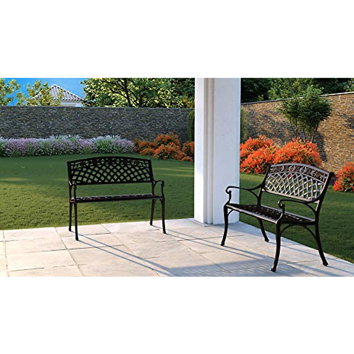 Patio Sense 63285 Scarlet Cast Aluminum Patio Bench Heavy Duty Rust Free Metal Construction Lightweight Easy Assembly for Front Porch Backyard Lawn Garden Pool Deck - Antique Bronze Finish