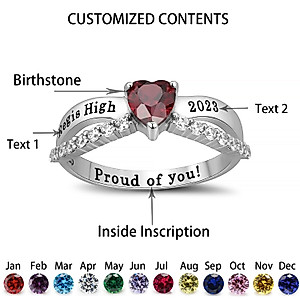 Ccjcinata Personalized Custom Class Rings for Women High School Cubic Zirconia Birthstone Rings 925 Sterling Silver Women's Rings Size 5-15 Graduation Rings for Women