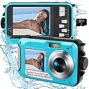 Waterproof Digital Camera 4K 48MP 11FT Autofocus 16X Digital Zoom Waterproof Camera with 32G Card Selfie Dual Screens Underwater Camera