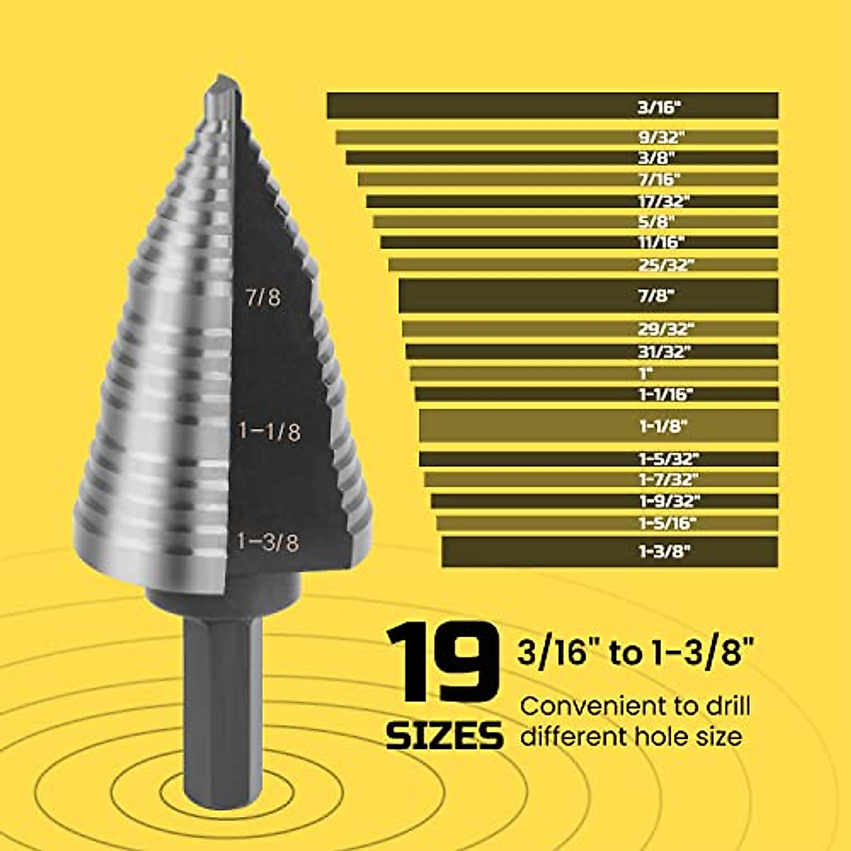 Lichamp Unibit Step Drill Bit for Metal, Genuine HSS M2 Drill Stepper Bit for Hard Metal Heavy Duty, 19 Sizes from 3/16" to 1-3/8", Dual Straight Grooved with Hex Drive, A4BK