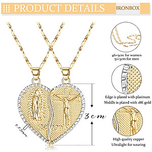 IRONBOX 18K Gold Plated Couples Necklace Virgin Mary Necklace Jesus Necklace Heart Necklace Plated Gold Necklace Couple Jewelry for Him and Her