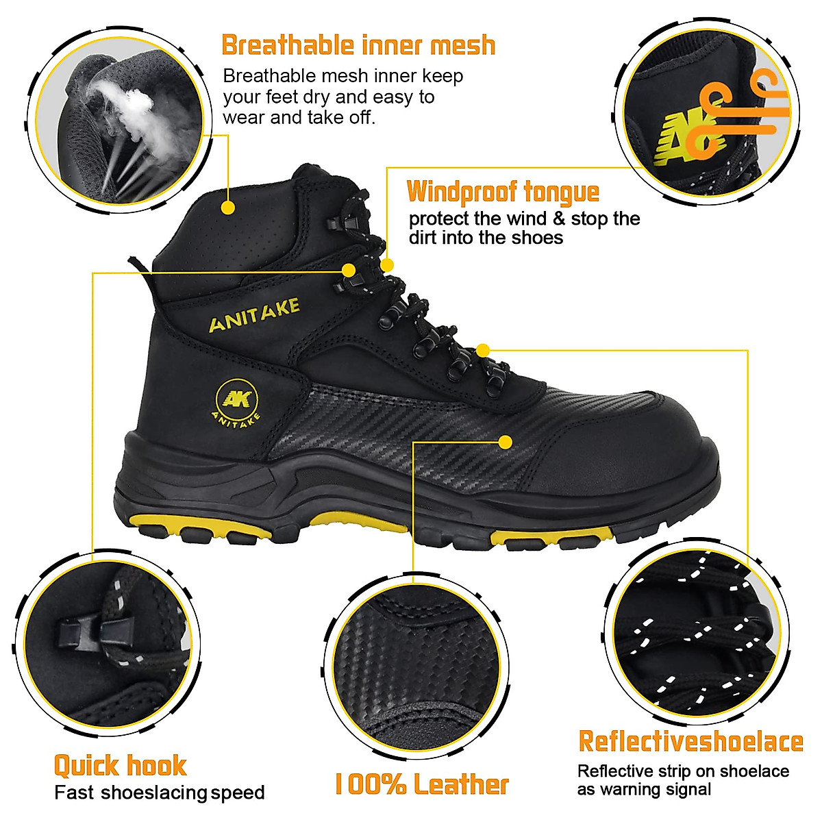 ANITAKE Steel Toe Work Boots, 6 Inch Leather Non-Slip Construction Boots for Men Safety Industrial Construction Boots for Men Puncture Resistance Work Shoes