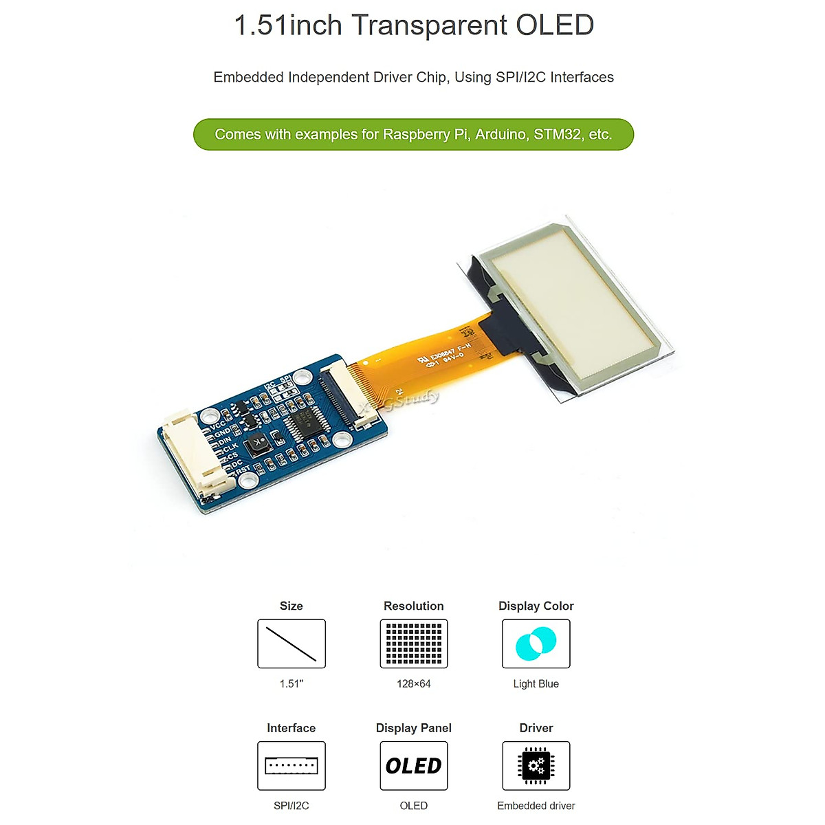 1.51inch 128×64 Transparent OLED Light Blue Color Display Module SPI/I2C Interfaces for Raspberry Pi 4 3 / STM32 etc @XYGStudy