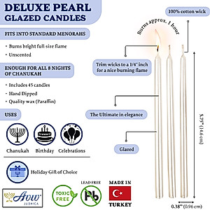 Premium Dripless Hanukkah Candles Thin Tapered Deluxe Pearl Candle Set of 45 Ultimate Elegance Chanukah Menorah Candles by Aviv Judaica Product of Turkey