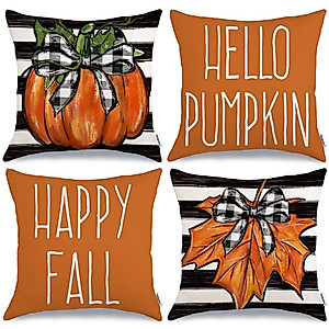 GEEORY Fall Decorative Throw Pillow Covers 20 x 20 Set of 4, Stripes Hello Pumpkin Happy Fall Decor Outdoor Farmhouse Pillow Cases for Home Couch (Orange Color) G338-20