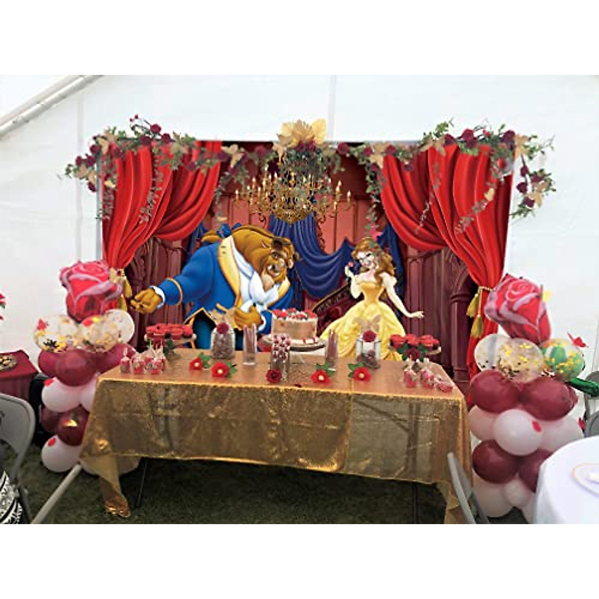 Beauty and The Beast Backdrop Palace Golden Chandelier Red Curtain Photography Background Princess Girl Baby Shower Birthday Party Studio Photo Decoration Props 5x3FT