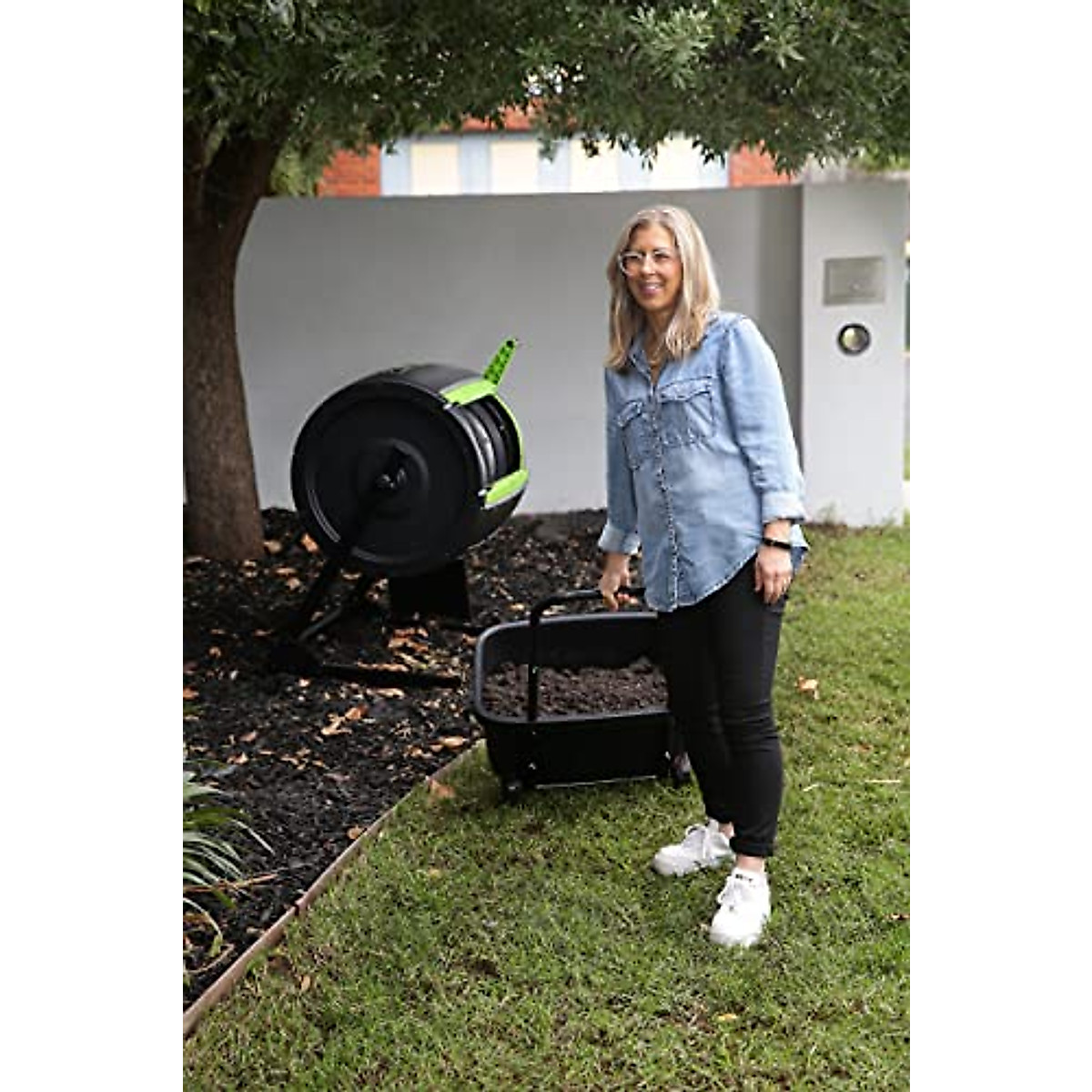 Maze 65 Gallon Dual Chamber Compost Tumbler with Large Double Door and Open Base and Comes with Maze Compost Cart