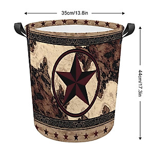 Rustic Western Country Texas Star Cowboy Cowgirl Round Laundry Hamper Storage Basket Waterproof Coating Organizer Bin For Clothes Toys
