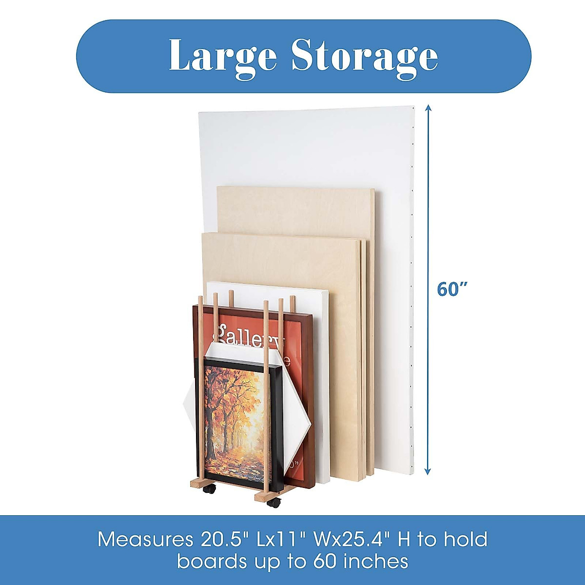 Large Art Storage Rack with Four Caster Wheels - Wooden Canvas Storage Stand Can Well Hold Up to 60" Drawing Boards, Prints, Panels, Paintings, and Artworks Display
