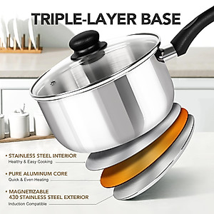 MICHELANGELO Stainless Steel Saucepan with Lid 6pcs, Triply Base Stainless Steel Pot Set, Saucepan Set with Bakelite Handle - 1QT & 2QT & 3QT