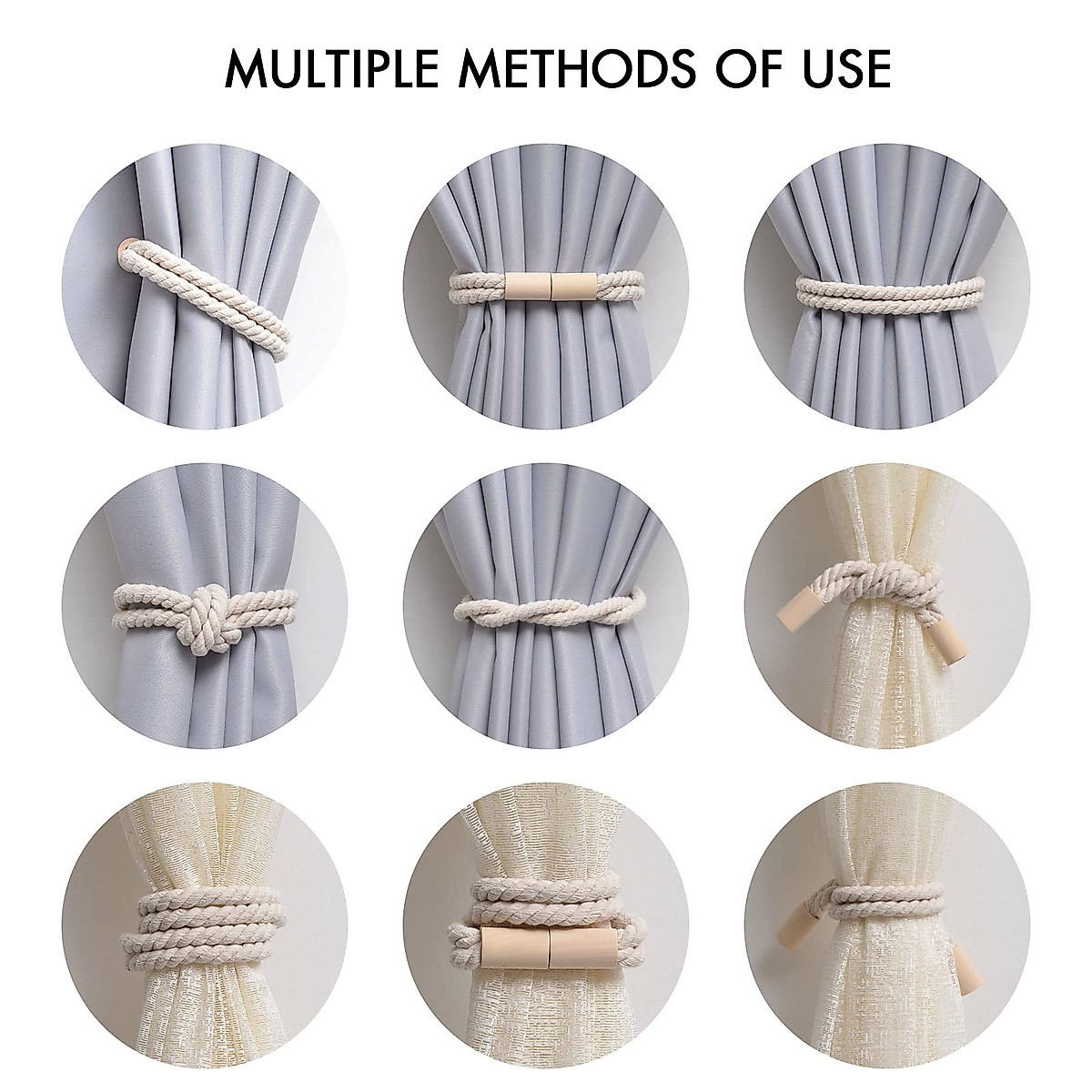 NICEEC 2 Pack Wooden Magnetic Curtain Tiebacks Boho Decoration Drape Tie Backs Natural Cotton Handmade Double Rope Curtain Holdbacks for Thin or Thick Home & Office Window Drapery (New Beige)