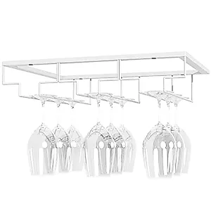 C&AHOME 3-Row Wine Glass Rack, Under Cabinet Stemware Rack, Wine Glasses Holder Storage Hanger, Metal Glass Organizer for Kitchen, Cabinet, Bar, 11.8" L × 9" W × 2.4" H White UWG3R1W