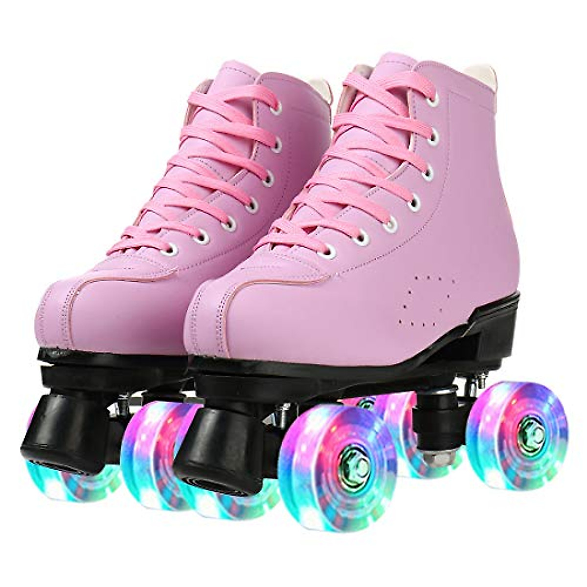 Women's Roller Skates PU Leather High-top Roller Skates Four-Wheel Roller Skates Shiny Roller Skates with Carry Bag for Girls (Pink Flash Wheel,10)