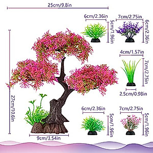Ameliade Aquarium Artificial Plastic Plants Decoration, Pink Cherry Blossom Tree & Grass Aquarium Decor Set, Goldfish Betta Fish Tank Decorations Hides Accessories （Pink